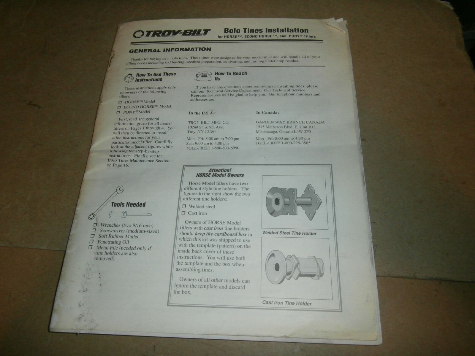Troy-Bilt Bolo Tines Installation Booklet Hors Econo Horse Pony Tillers ...