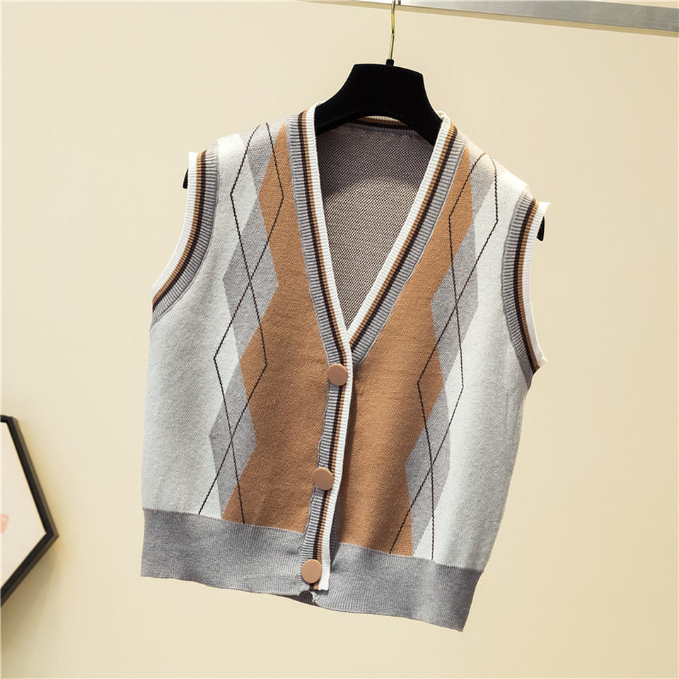 Vintage Style Women Knitted Check Vest Waistcoat Gilet Cardigan Top ...