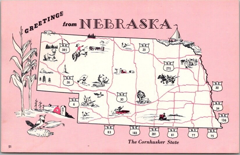 Vintage 1960s NEBRASKA Greetings Postcard HIGHWAY MAP "Cornhusker State ...