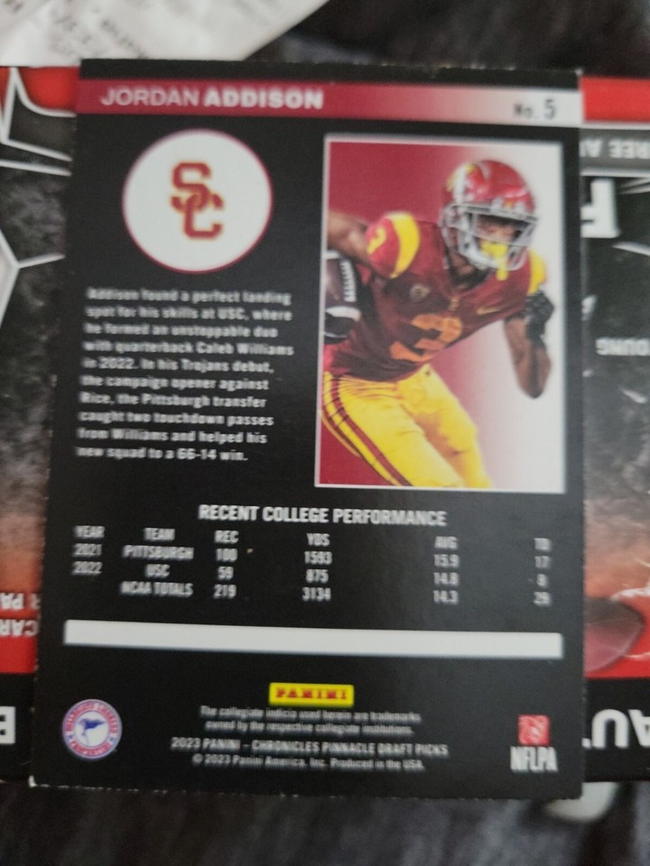 2023 PANINI CHRONICLES JORDAN ADDISON PINNACLE DRAFT PICKS BLACK ROOKIE ...