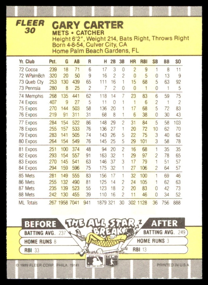 Gary Carter 1989 Fleer #30 New York Mets MLB READ FREE SHIPPING ...