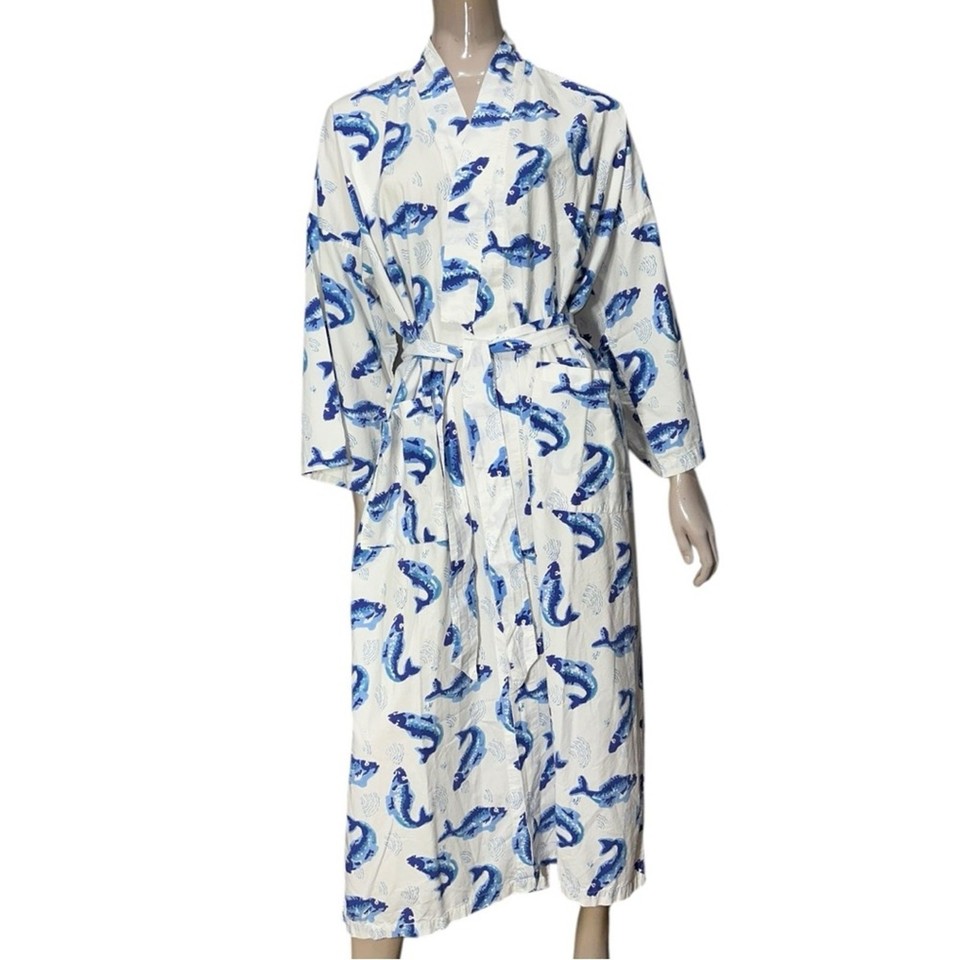 Women’s Size M White Blue Koi Fish Block Printed Long Cotton Belted ...