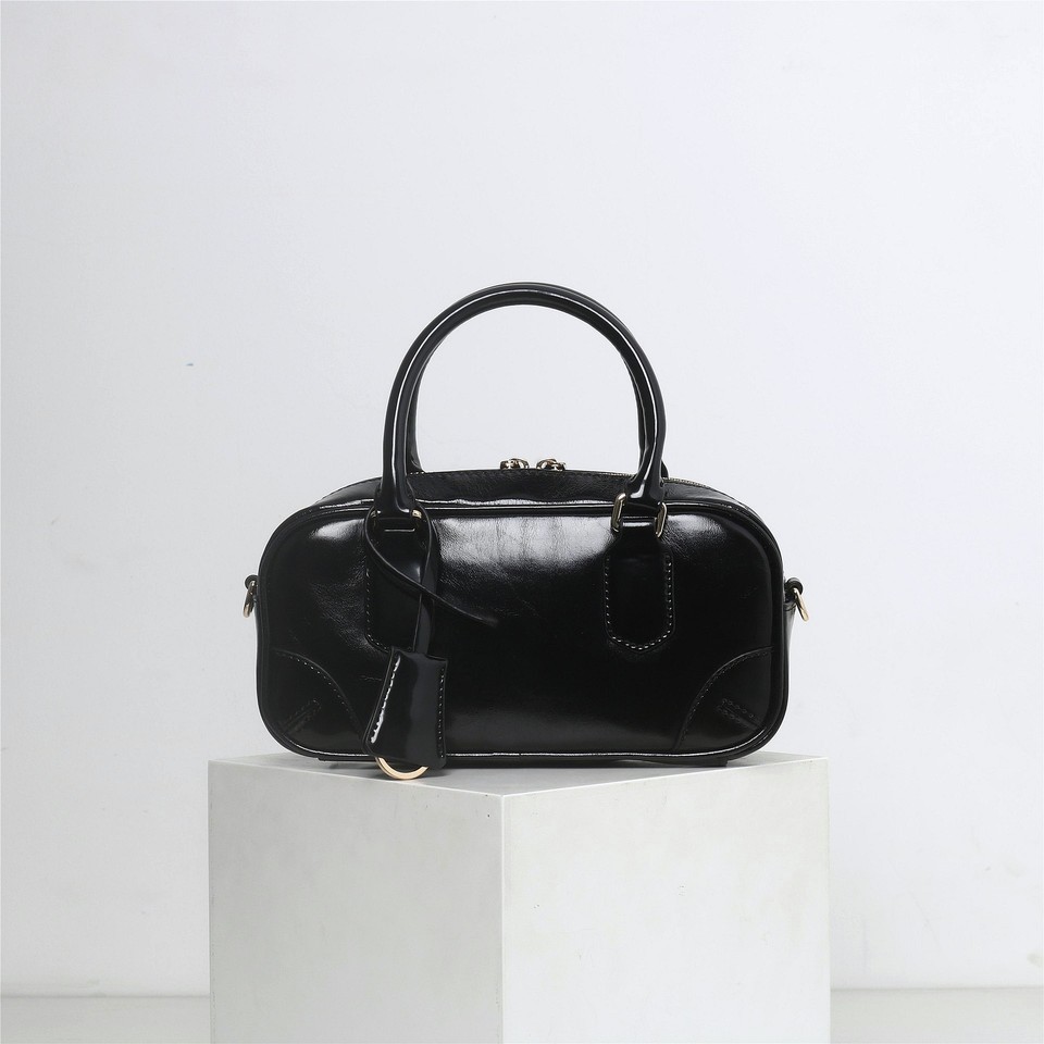 Small Glossy Real Leather Tote Boston Bowling Handbag Fashion Shoulder ...