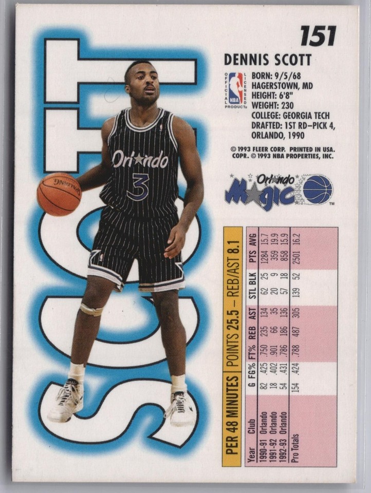 1993-94 Fleer Orlando Magic Basketball Card #151 Dennis Scott | eBay