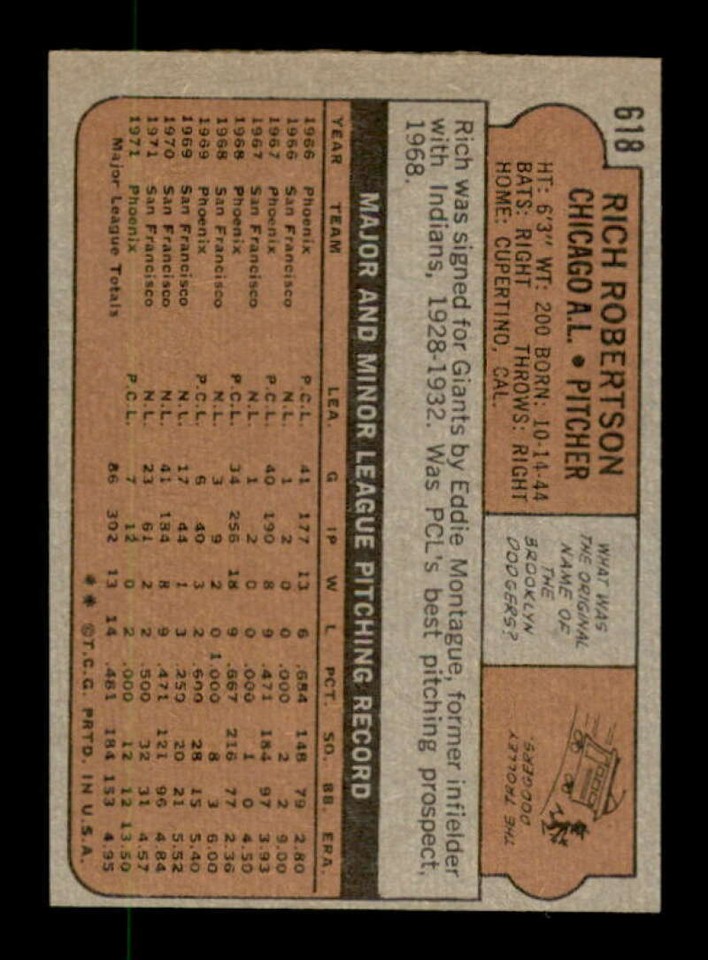 1972 Topps #618 Rich Robertson VGEX White Sox 560699 | eBay