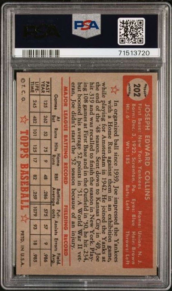 1952 Topps #202 Joe Collins PSA 5 RC Rookie Yankees (3720) | eBay