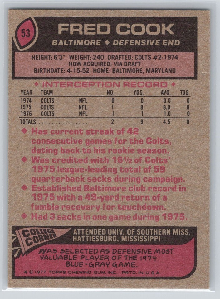 1977 Topps #53 Fred Cook - Colts - NmMt+ | eBay