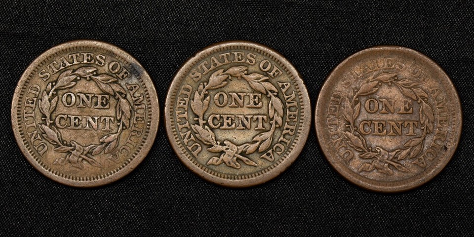 LOT of (3) 1856 Liberty Head Large Cents 1c one cent braided hair ...