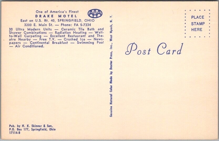 Springfield, Ohio Postcard DRAKE MOTEL Highway 40 Roadside / 1950s Cars ...