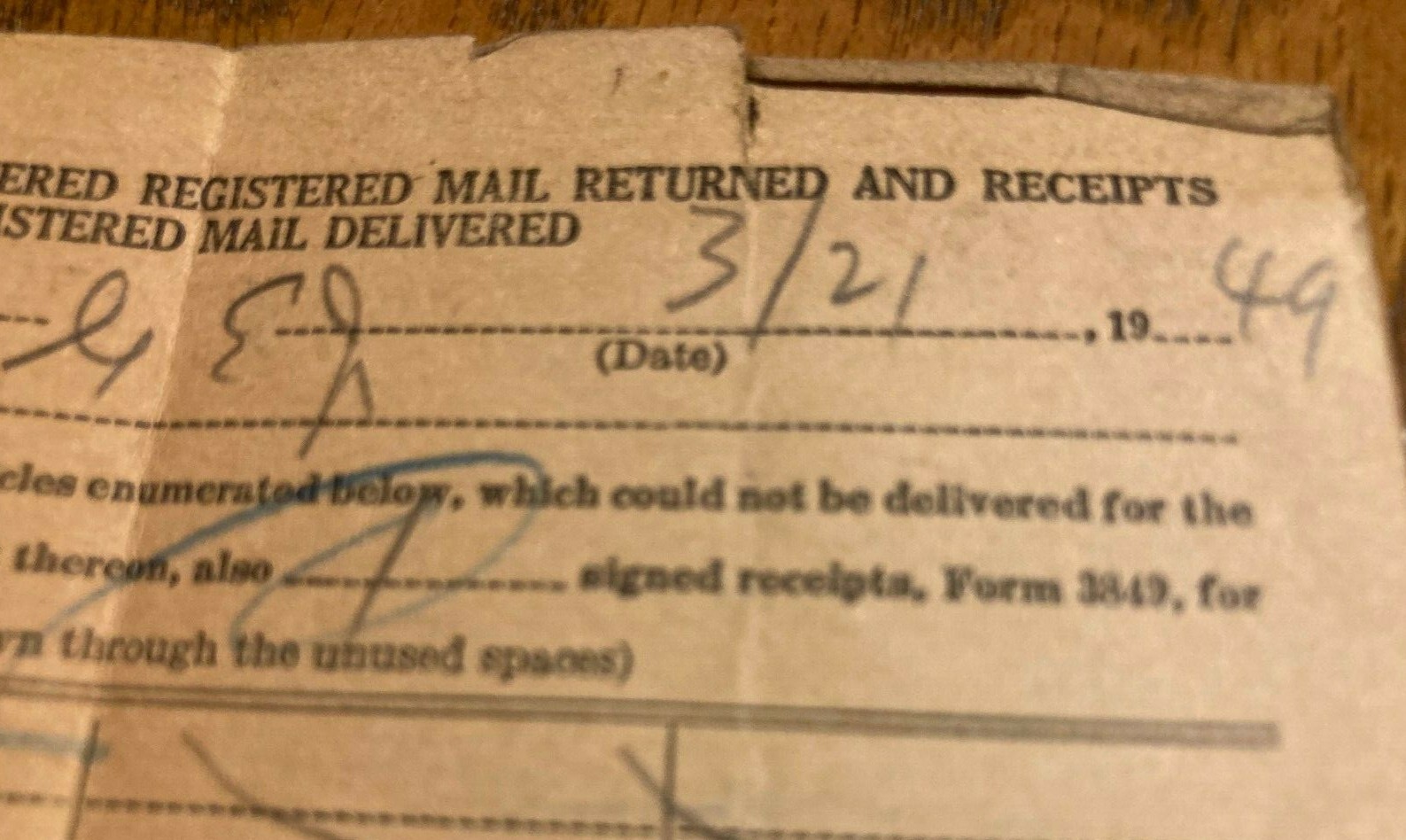 USPS Form 3868 Carrier's receipt for undelivered registered mail ...
