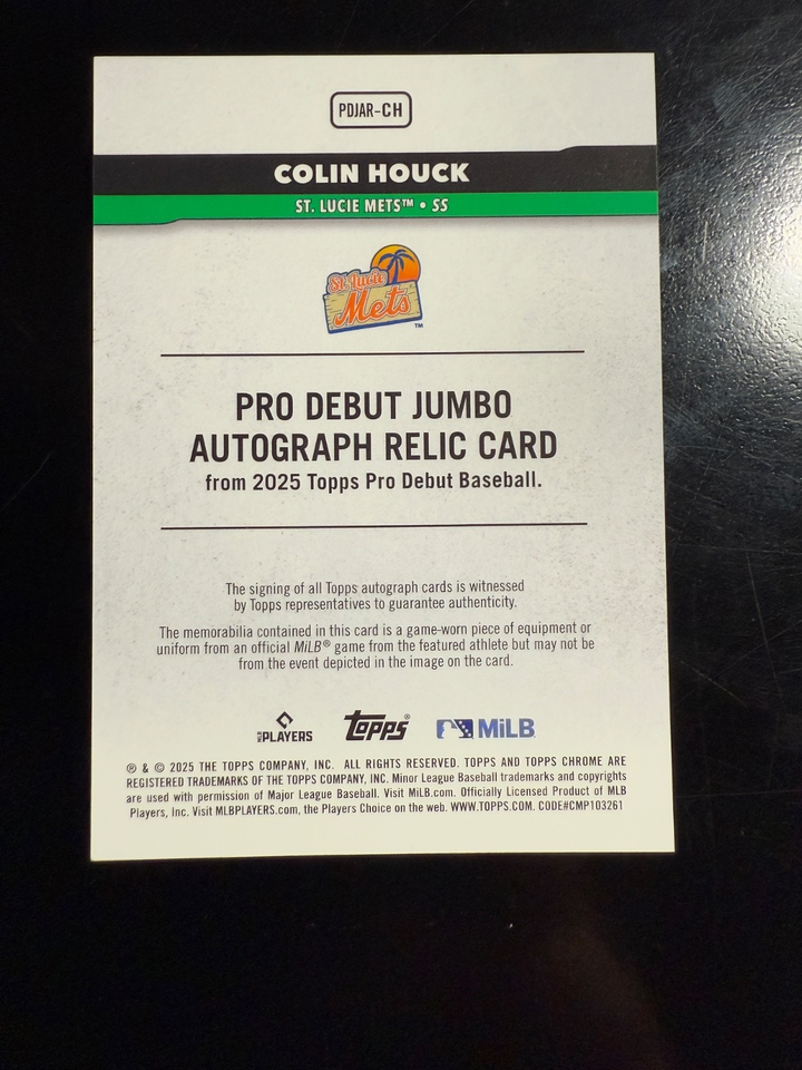 2025 Topps Chrome Pro Debut Colin Houck Jumbo Auto Relic Card /200 | eBay