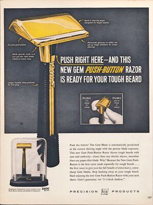 1959 GEM Push Button Gold Plated Safety Blade Razor Vintage Print Ad ...