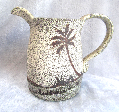 Stoneware Pitcher Signed Hawaii Palm Trees Beach 6x4" Handmade Studio ...