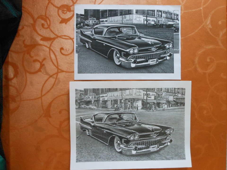 CADILLAC COUPE DEVILLE 1958 CHICAGO in 50's Original Pencil Drawing 9.5 ...