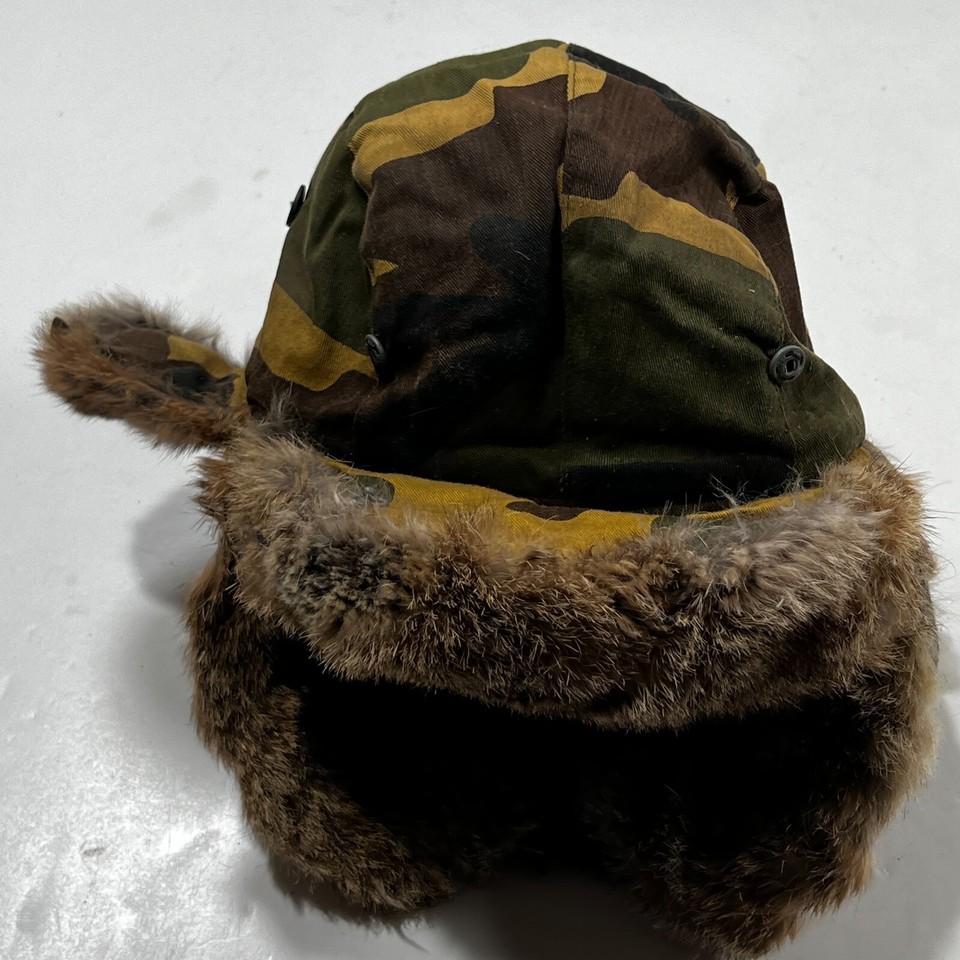 Vintage Camouflage Leather Rabbit Fur Aviator Trapper Hat Large Camo ...
