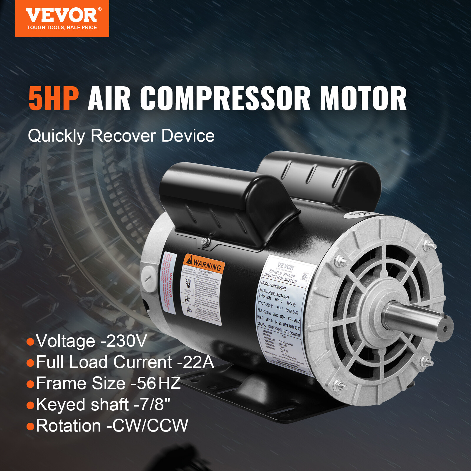 VEVOR 5HP Air Compressor Electric Motor 230V 22A 56HZ Frame CW/CCW ...