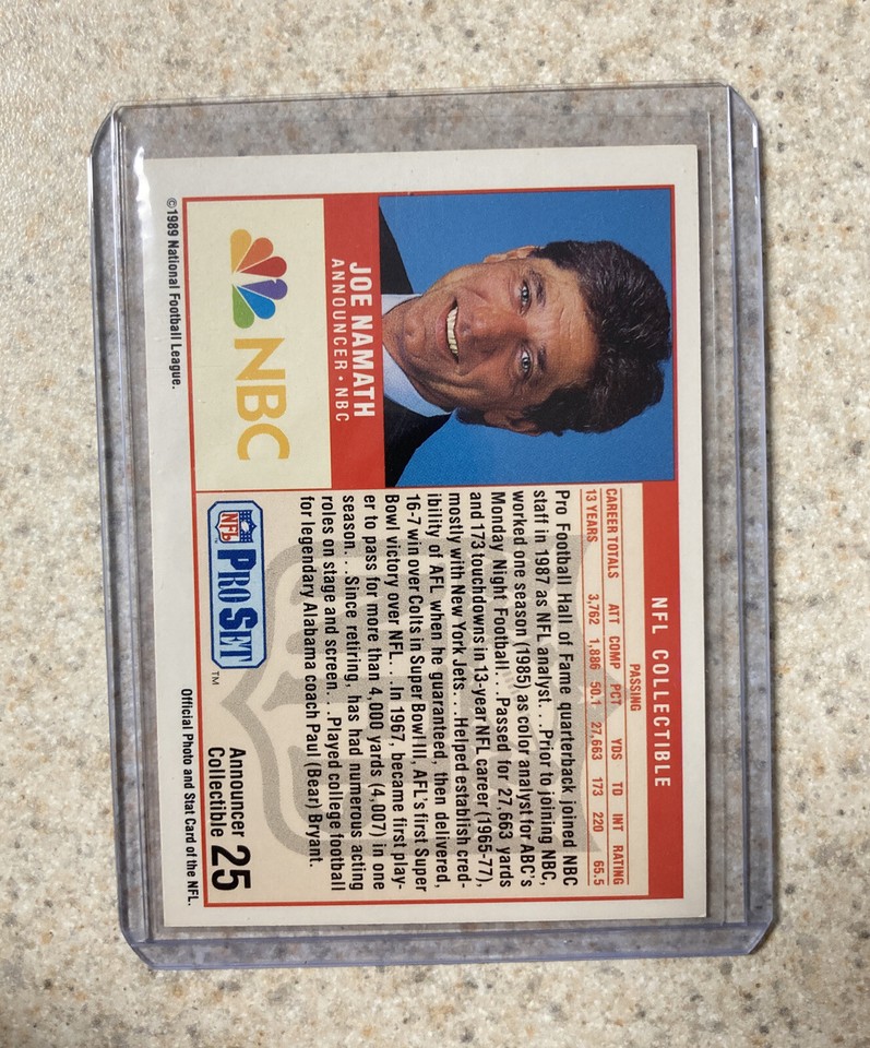 1989 PRO SET Joe Nameth NEW YORK JETS NBC Announcer Card #25 NFL ...