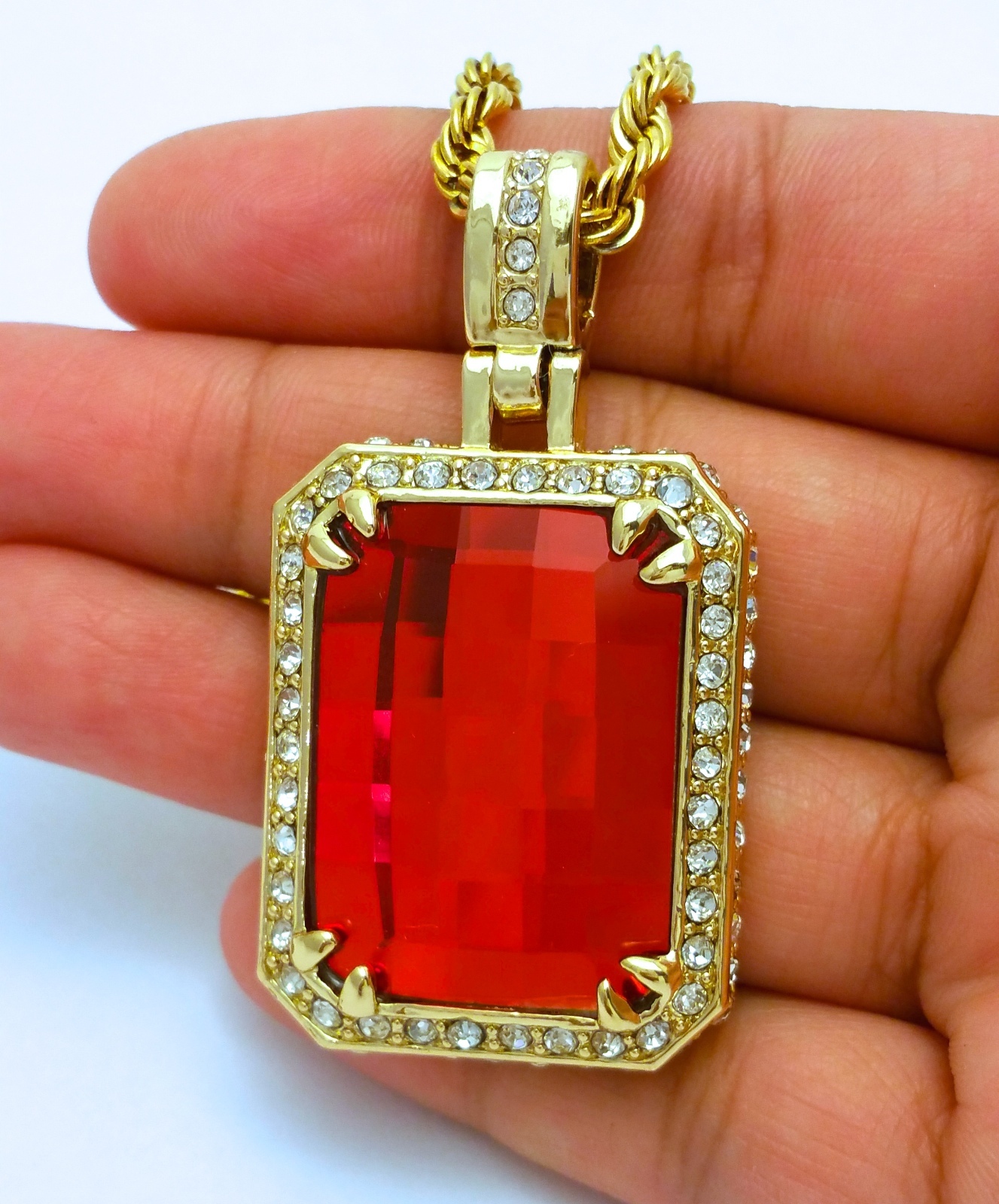 MENS HIP HOP RICH GANG HOMIE QUAN RED RUBY PENDANT ROPE CHAIN NECKLACE ...