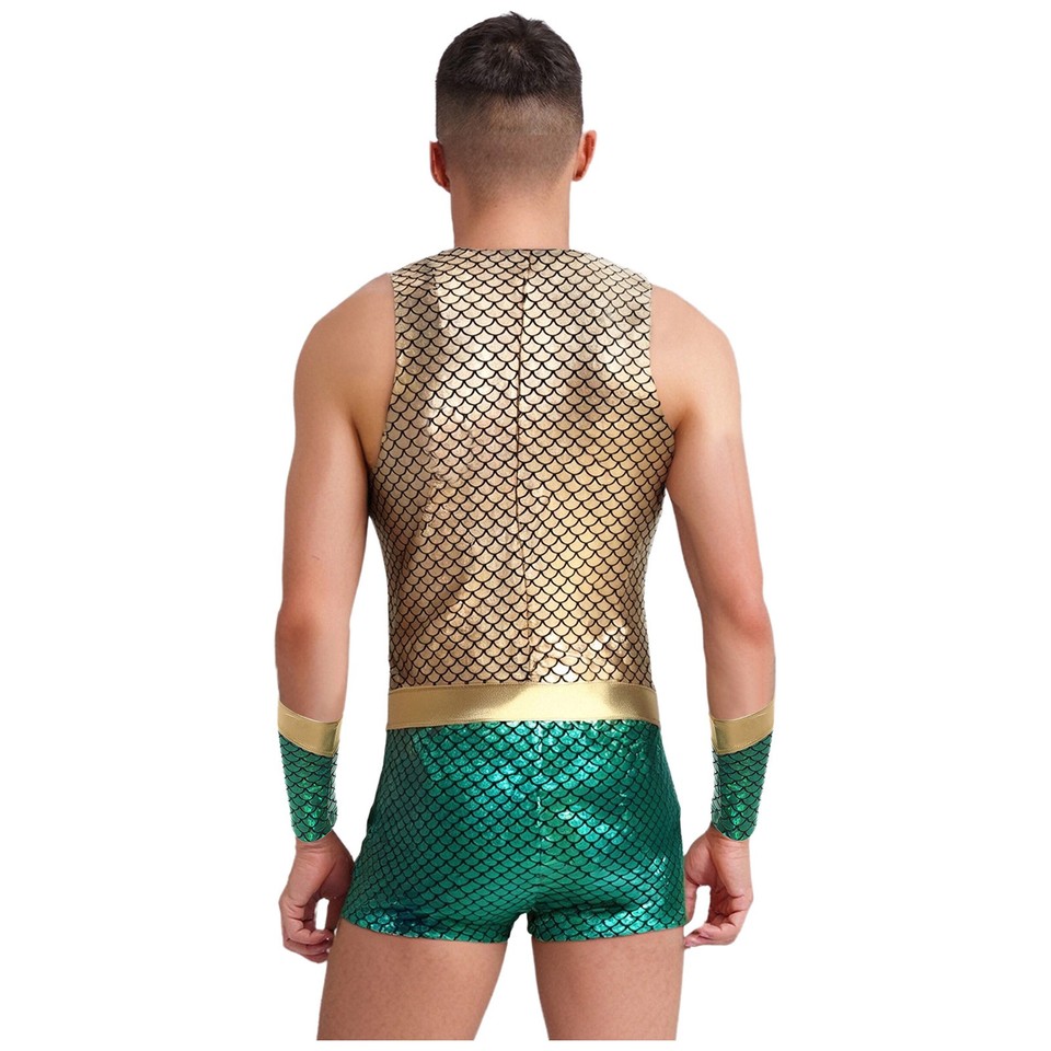 Mens Lingerie Dress-Up Jumpsuit Party Outfits Fish Scales Print Cosplay ...