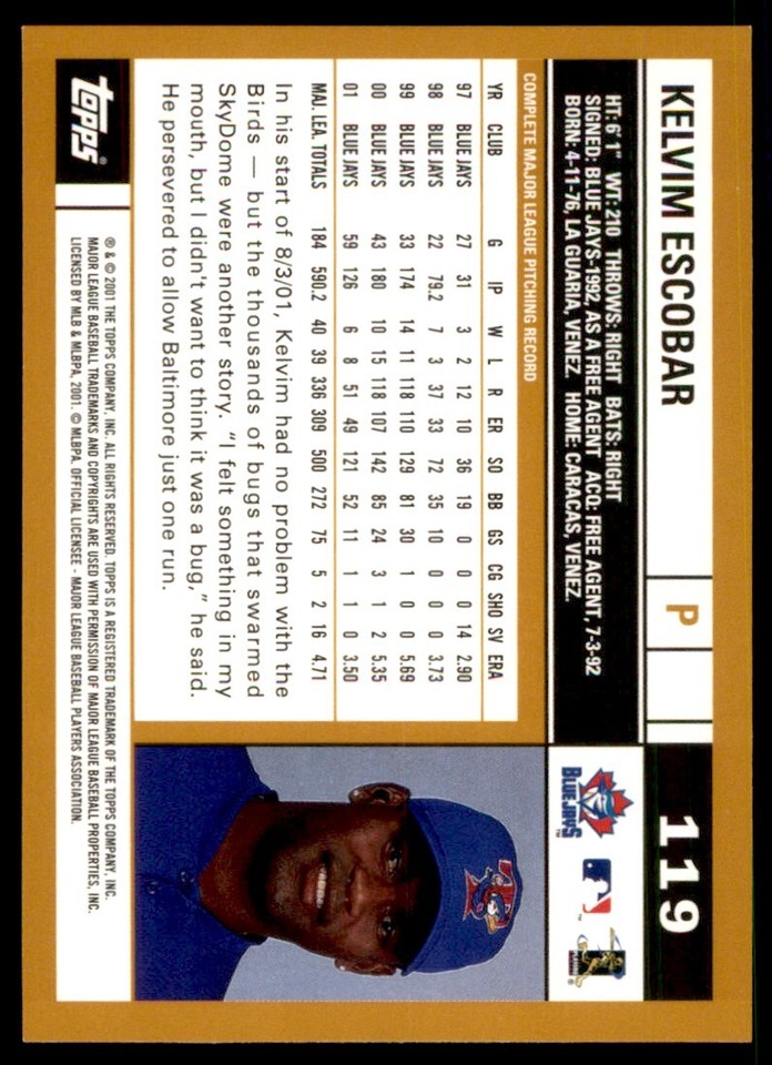 2002 TOPPS #119 KELVIM ESCOBAR TORONTO BLUE JAYS | eBay