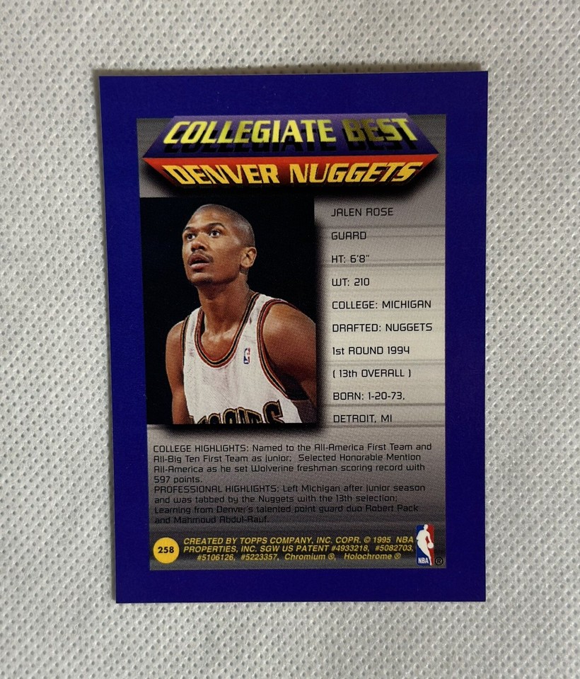1994-95 Topps Finest Jalen Rose #258 Best Basketball Card Nuggets w ...