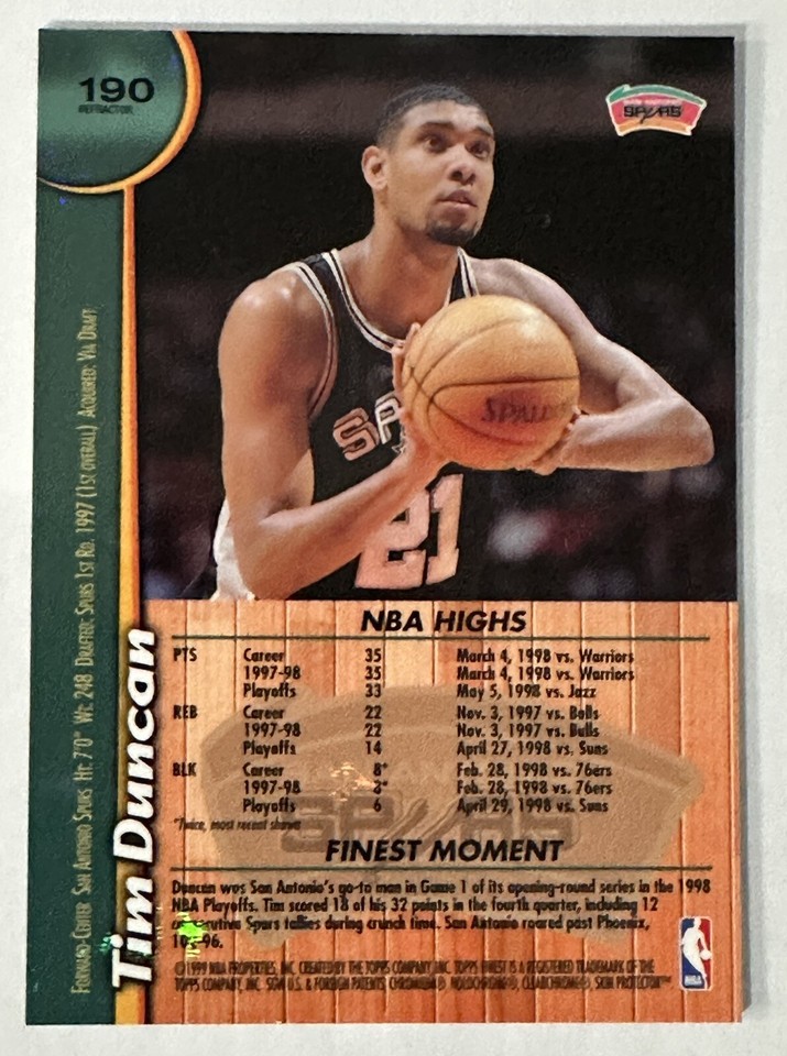 1998-99 Topps Finest Tim Duncan Refractor Card #190 Spurs HOF | eBay