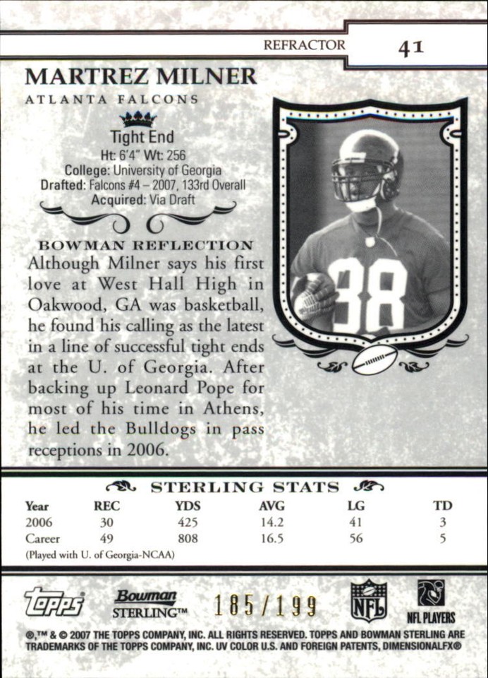 2007 Bowman Sterling Refractors Falcons Football Card #41 Martrez ...