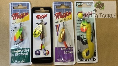 NEW 4 x Mepps Spinners Lures Perch Pike Aglia e Spinflex Brown Trout ...