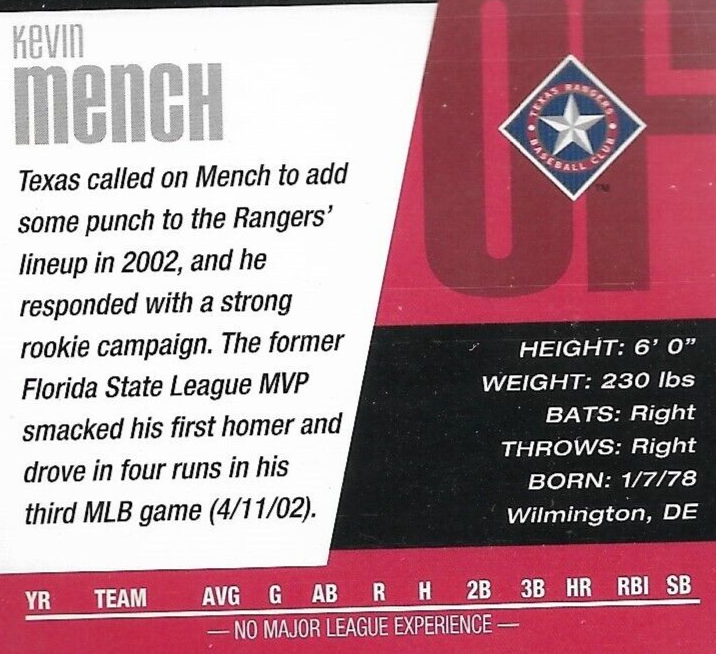 2002 Upper Deck Diamond Connection Kevin Mench Rookie 597 Texas Rangers ...