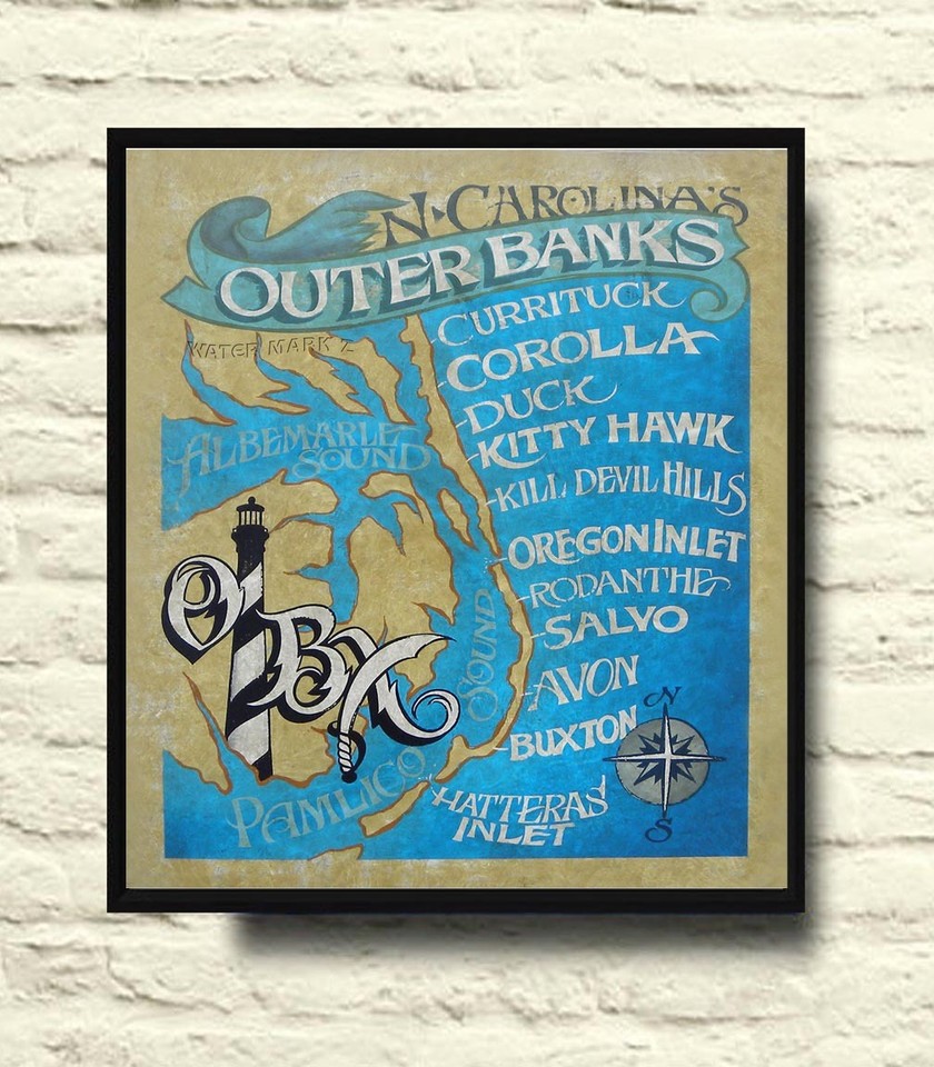 Outer Banks Print NC retro beach style OBX seafood art decor vintage ...