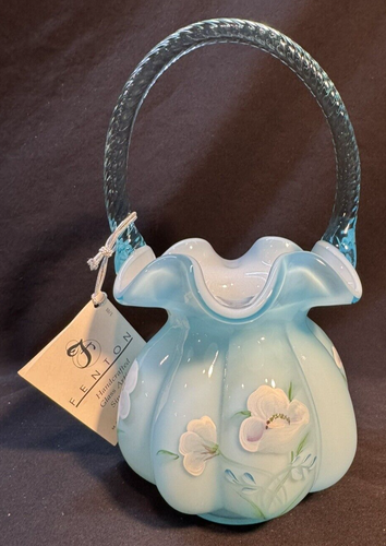 Fenton Glass Blue Topaz Overlay Basket 2002 Signed Nancy Fenton #1385 ...