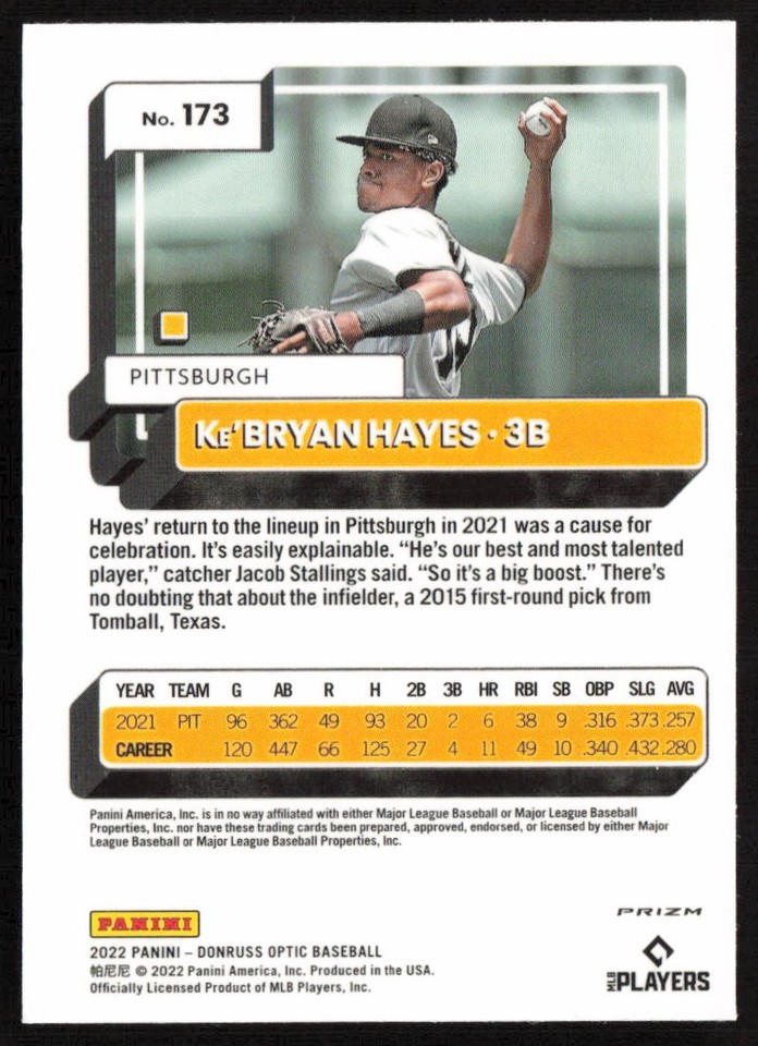 2022 Donruss Optic Lime Green Prizm Ke'Bryan Hayes #173 Pittsburgh ...