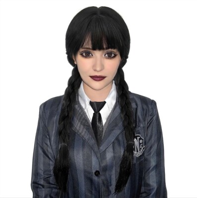 Black Wednesday Addams Wig Mupul Jenna Ortega TIM BURTON goth emo Braid ...