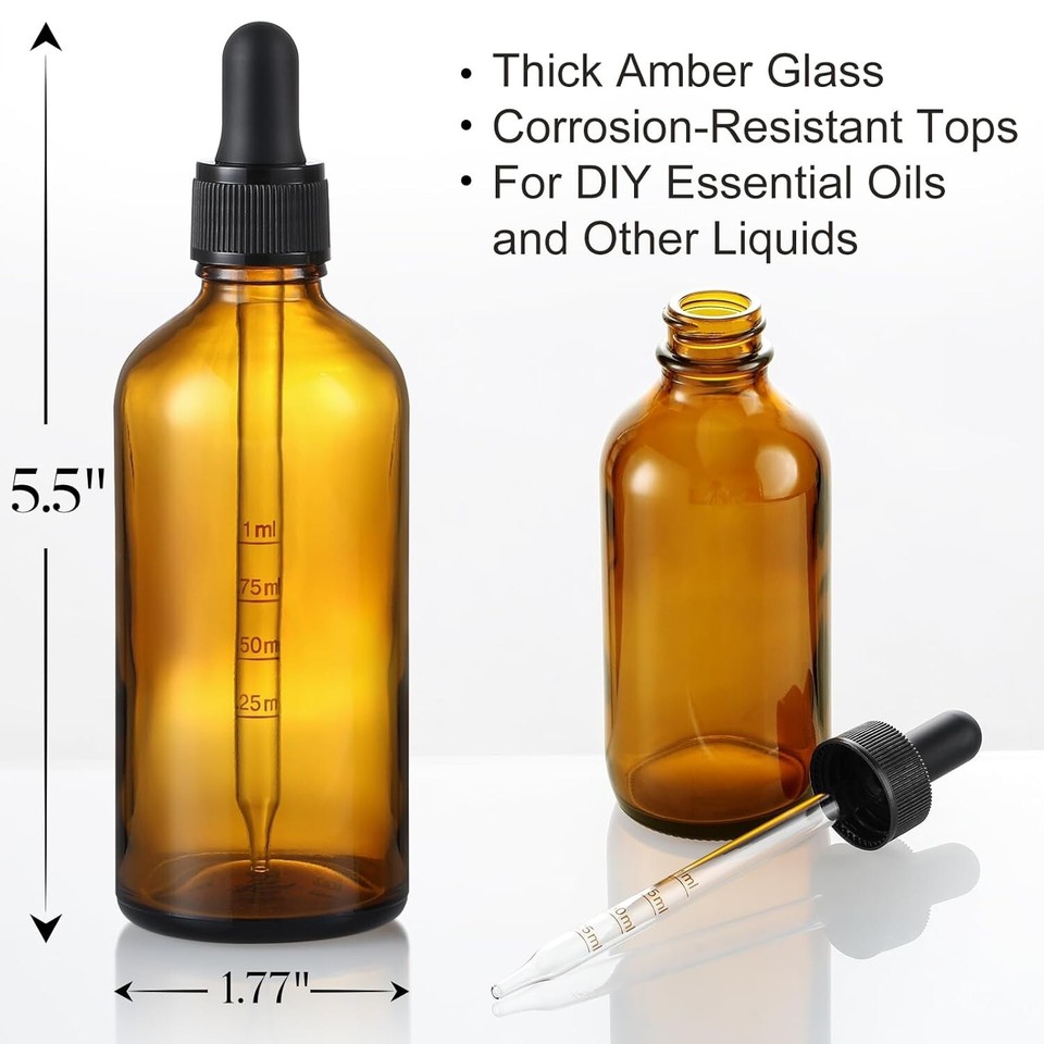 4 Pack 100ml Glass Dropper Bottles with Measured Dropper 3.4oz Dark ...