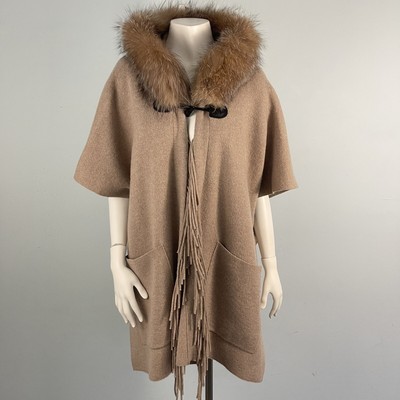 Mitchie's 100%Wool Hooded Poncho Cape Fox Fur Trim Beige Tan Coat | eBay