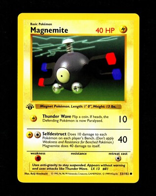 1999 Pokemon MAGNEMITE Base Set 1ST EDITION Shadowless Non Holo Card 53 ...