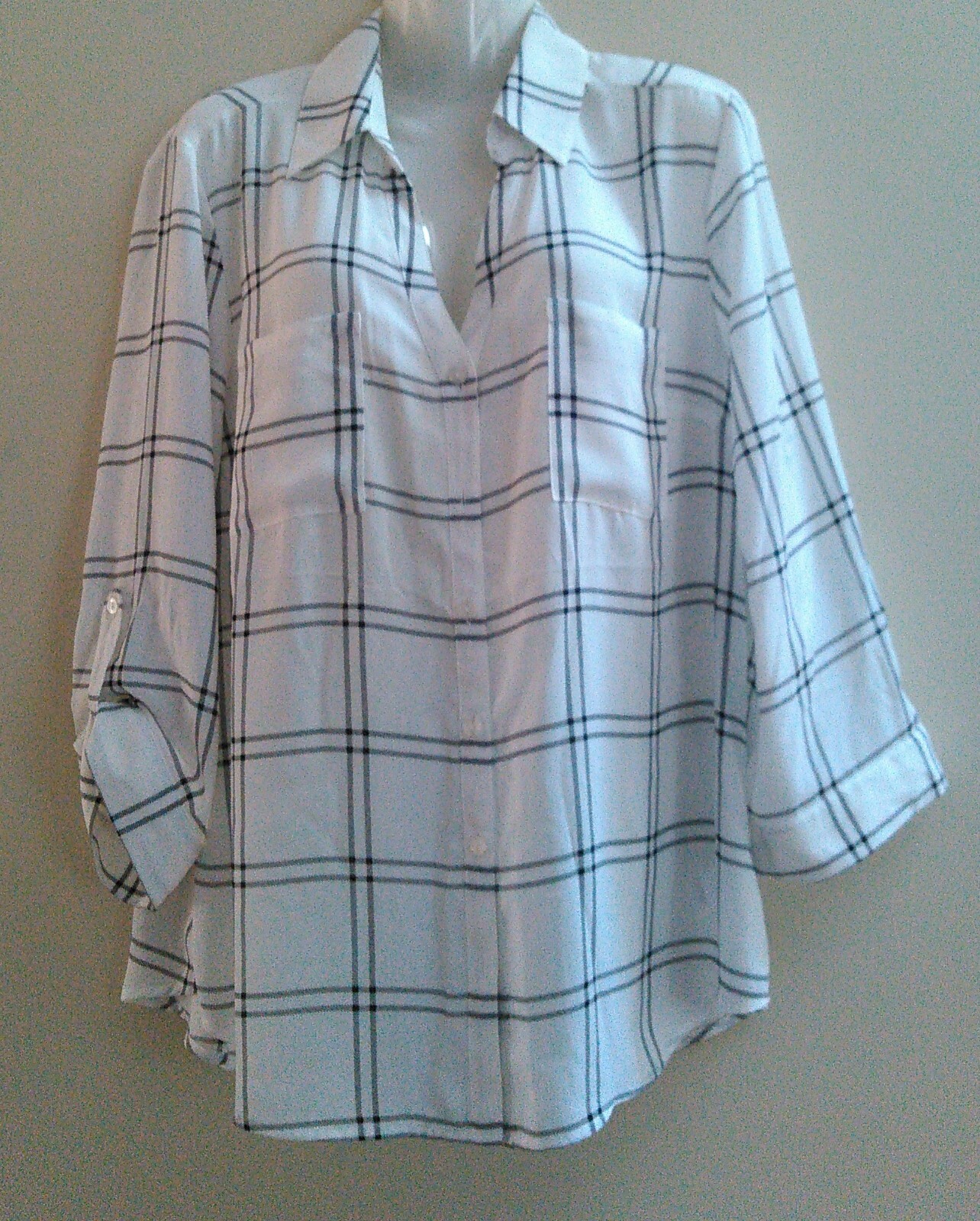 Fortune Ivy Women's White-Black Windowpane Buttom-up Shirt Top Blouse ...