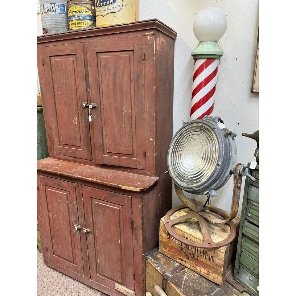 Antique Primitive Red Wooden Stepback Hutch Pantry Cupboard 19th ...