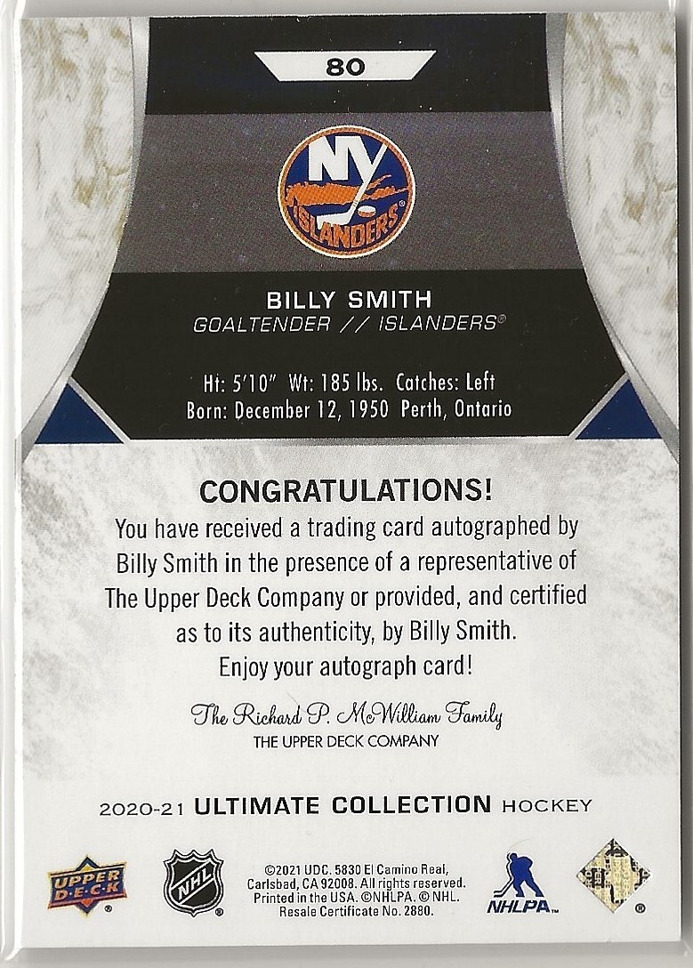 2020-21 Ultimate Collection Autographs #80 Billy Smith New York ...