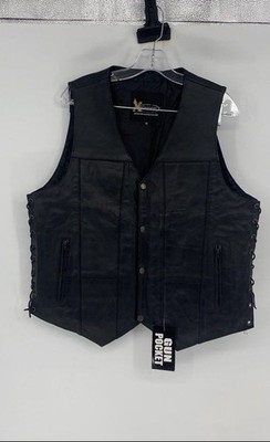 Xelement Mens Black Leather Sleeveless Snap Front Motorcycle Vest Size ...