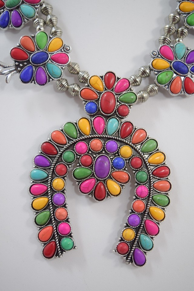 Western Multi Color stone Large Squash Blossom Statement Necklace ...