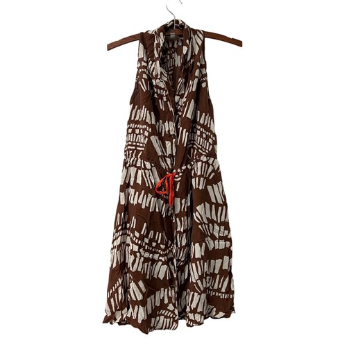 Corey Lynn Calter Brown Geo Print Cinched Waist Sleeveless Sheer Button ...