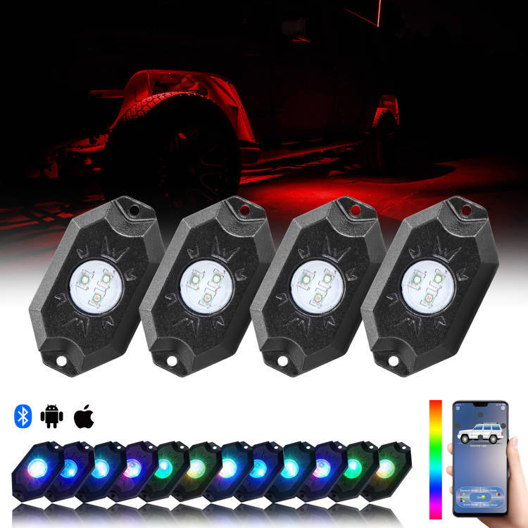 2X 3ft Lighted Spiral LED Whip Antenna w/Flag + 4 Pods RGB Rock Lights ...