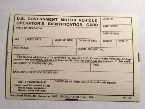 U.S. Government (1965) Motor Vehicle Operators Identification Card (NOS ...