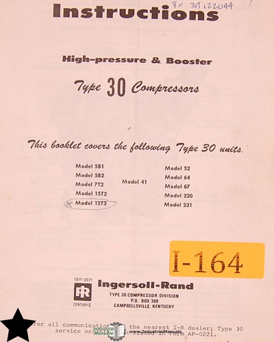 Ingersoll Rand 5B1, 5B2 7T2 15T2 15T3 52 64 67 220 231, Compressor ...