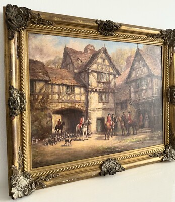 19th Century Antique Oil Painting - Fox Hunt Scene, Tudor Manor, Signed ...