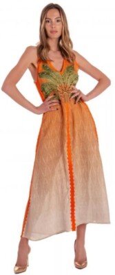 Pin Up Stars 100% Linen Summer Cover Up Dress Orange Palms Trees Cuba ...