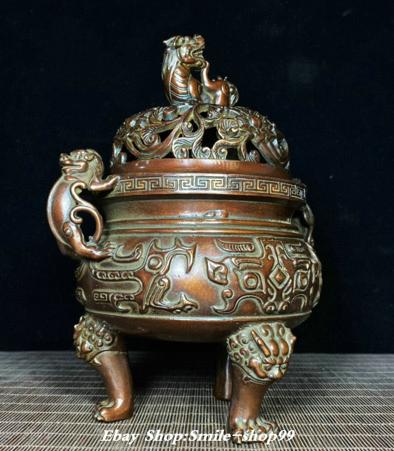 9" Qianlong Pure Bronze Fengshui Dragon Beast Animal 3 Leg Incense ...
