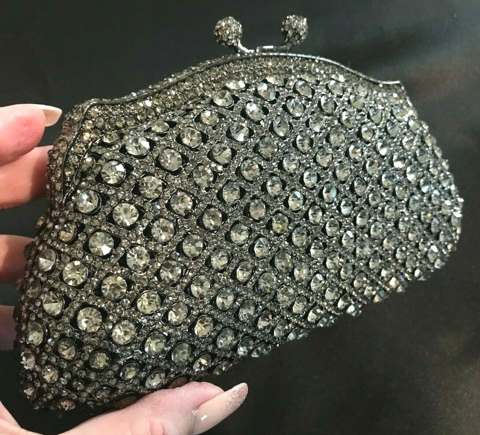 New Dark Silver With Smoke Gray Austrian Crystal Clutch Bag- Detachable ...