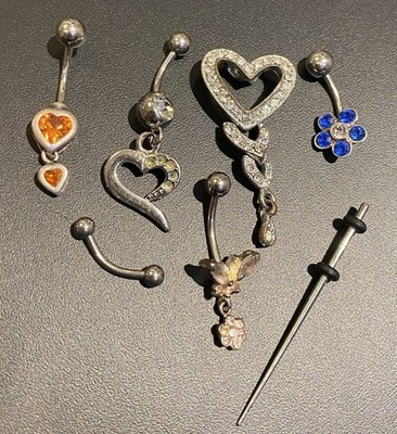 Lot of 7 Body Jewelry Pieces Navel Belly Button Ear Mixed Silver Toned ...